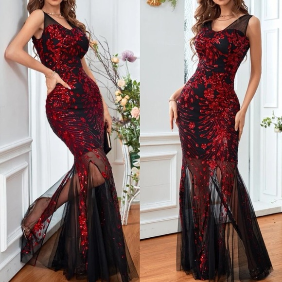 Dresses | Luxe Burgundy Contrast Mesh Slit Thigh Party Formal Evening ...